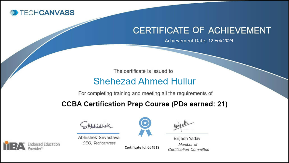 Proficiency Certificate – Shehezad Ahmed Hullur | Techcanvass