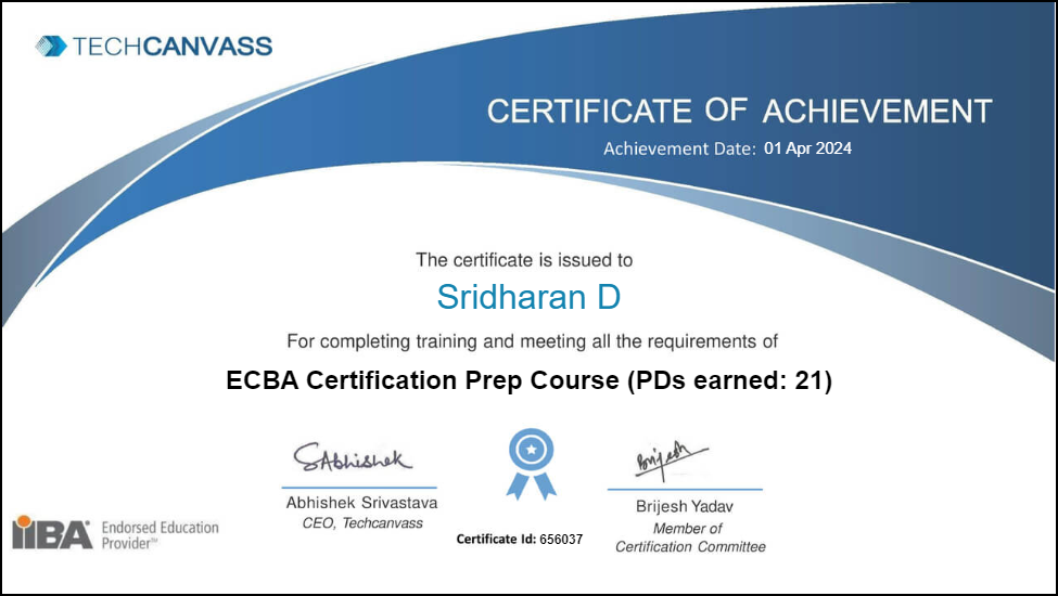 Proficiency Certificate – Sridharan D | Techcanvass