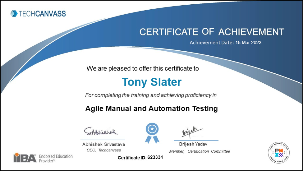 Proficiency Certificate – Tony Slater | Techcanvass
